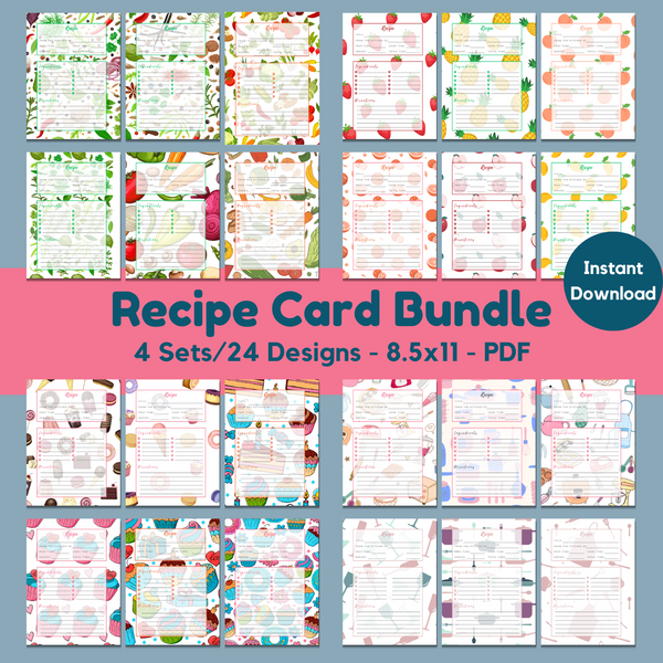 Recipe Card Printables Bundle (6 sets / 24 beautiful designs) – Money ...