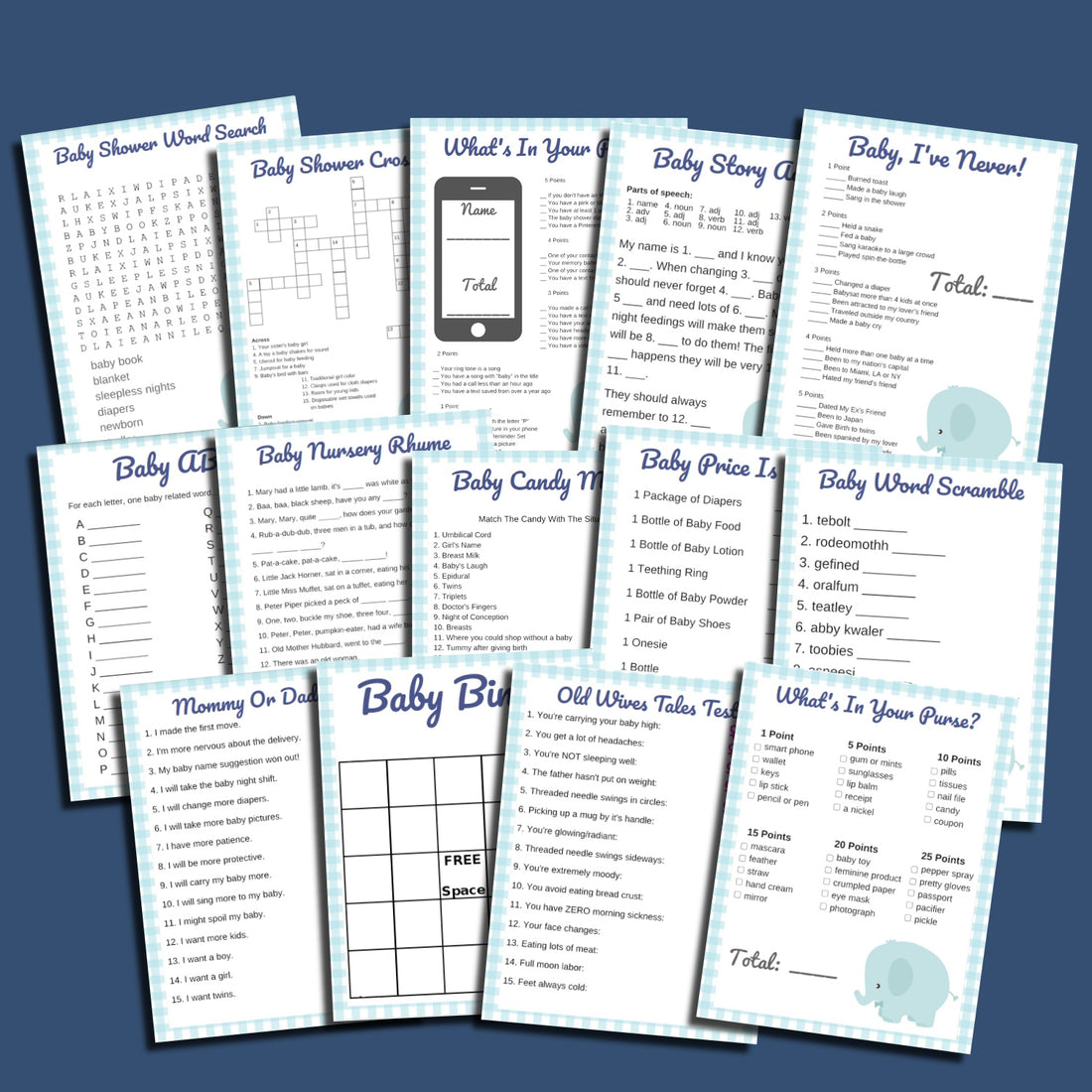 Blue Elephant Printable Baby Shower Game Bundle – Money Minded Mom Shop